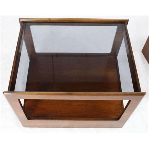Mid Century Modern Rectangular Cube Shape Smoked Glass Top End Tables