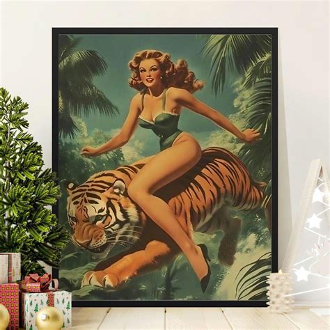 Vintage Pinup Girl Poster Tiger Ride Art Retro Glamour Decor Jungle