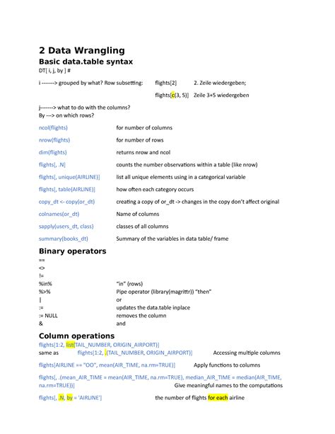 2 Data Wrangling Summary 2 Data Wrangling Basic Data Syntax DT I J By I Grouped By