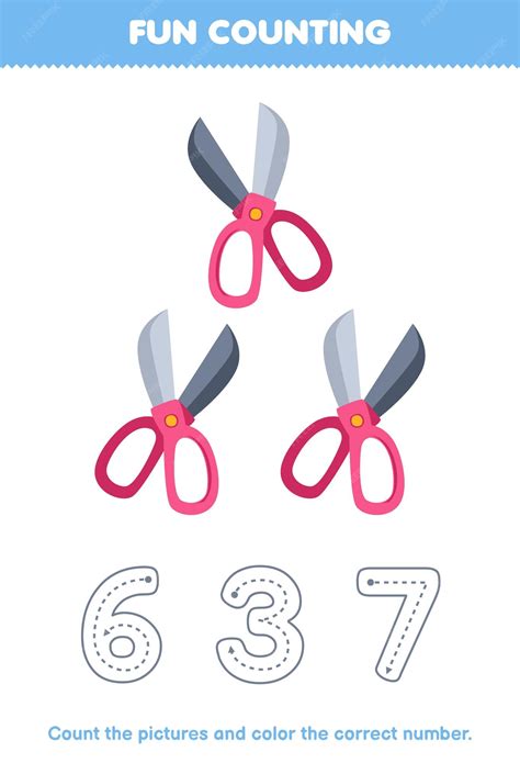 어린이를 위한 교육 게임은 귀여운 만화 가위 인쇄용 도구 워크시트에서 그림을 세고 정확한 숫자를 색칠합니다 프리미엄 벡터