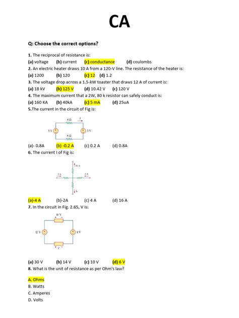 Ca Mcqs Pdf Series And Parallel Circuits Voltage