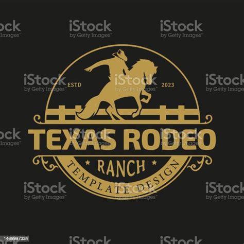말을 타고 있는 남자의 레트로 로데오 엠블럼 와일드 웨스트 빈티지 로데오 배지 벡터 그림입니다 어두운 배경 개척시대의 서부에