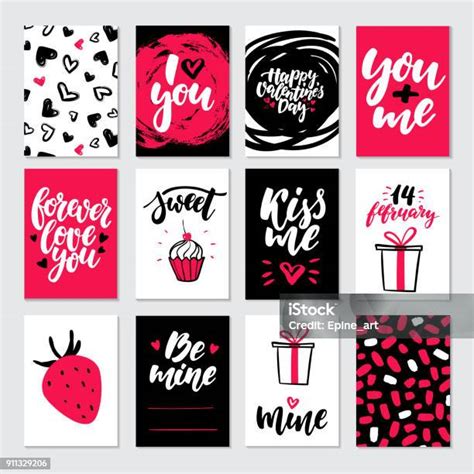 발렌타인 데이 선물 카드 벡터 설정합니다 레터링 텍스쳐 손으로 그린 인쇄 템플릿을 따옴표를 사랑 한다 0명에 대한 스톡 벡터 아트 및 기타 이미지 Istock