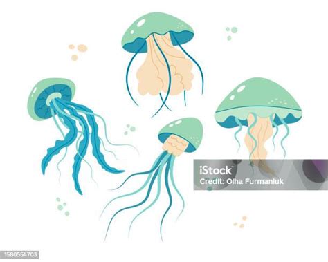 해파리 만화 같은 평면 장식 세트입니다 손으로 그린 유독 한 메두사 컬렉션 해양 해양 주민 간단한 해상 캐릭터 디자인 격리 벡터 그림입니다 해파리에 대한 스톡 벡터 아트 및