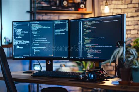 Modern Office With Two Wide Computer Screens With Programming Code