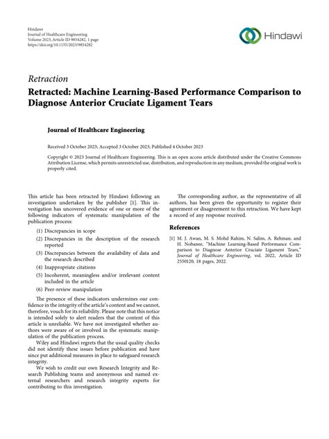 Pdf Retracted Machine Learning Based Performance Comparison To Diagnose Anterior Cruciate