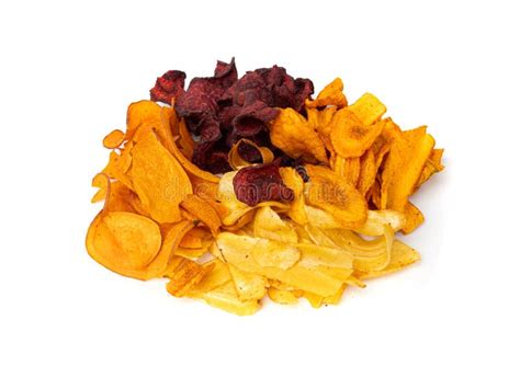 Parsnips Sweet Potato Carrot And Beetroot Chips Isolated Dry Vegetable Root Mix Healthy
