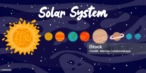만화 태양계 공간 물체가 있는 천국 과학 포스터 우주 배경에 다채로운 행성 태양 별과 천문학 개체 문자 벡터 교육 일러스트와 은하지도 Planetarium
