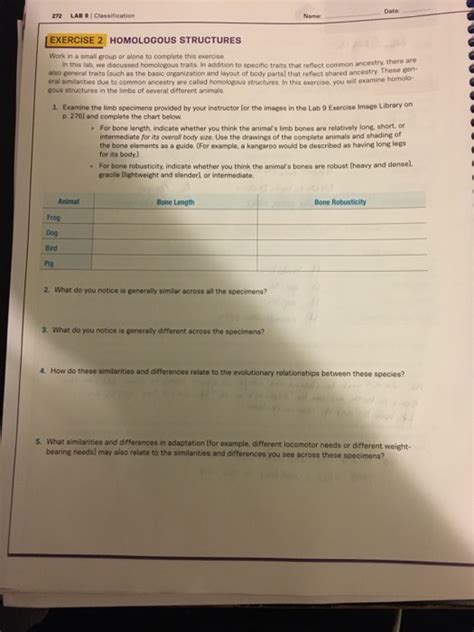 272 Lab Cassification Date Exercise 2 Homologous