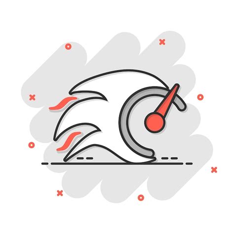 만화 스타일에서 불타는 속도계 기호 아이콘 격리 된 흰색 배경에 벡터 만화 그림을 가속 모션 속도계 비즈니스 개념 스플래시 효과 프리미엄 벡터