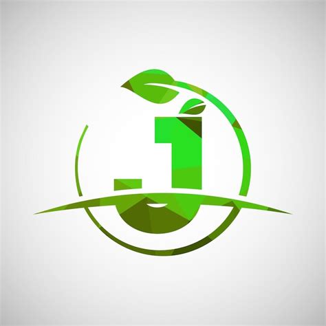 영어 알파 J와 원 모양의 잎과 스와시 에코 친화적 인 로고 개념 생태 비즈니스 및 회사 정체성을위한 낮은 폴리 로고 프리미엄 벡터