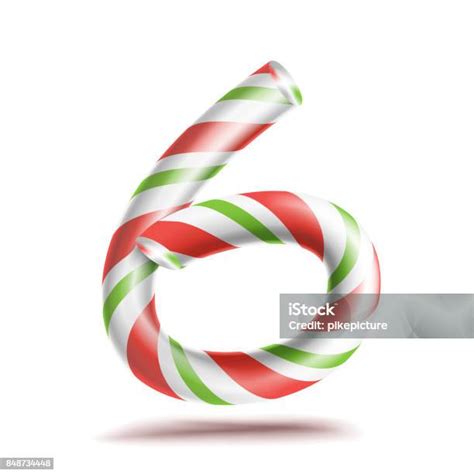 6 번호 6 벡터 3d 숫자 기호입니다 크리스마스 색상에서 그림 6입니다 레드 화이트 그린 스트라이프입니다 클래식 크리스마스 민트 하드 사탕 지팡이입니다 새 해 디자인입니다