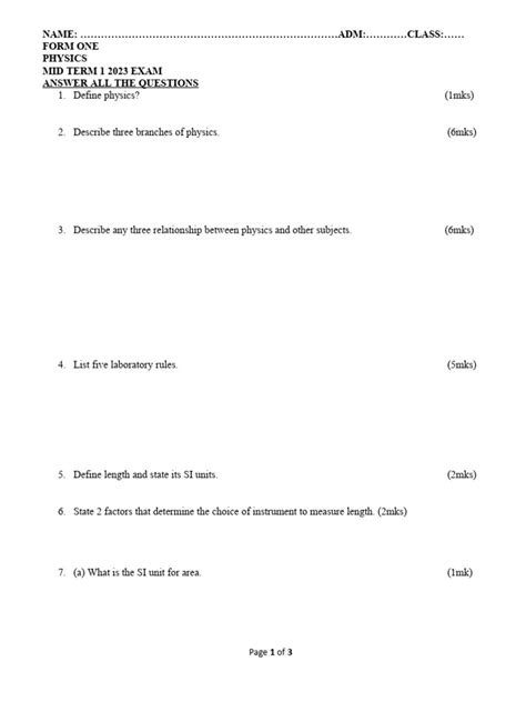 Physics Form 1 Questions Pdf