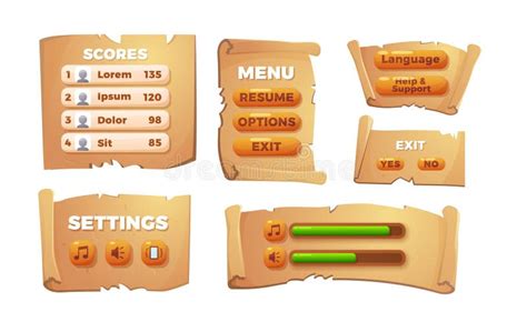 Cartoon Parchment Roll With Menu Interface Vector Ui Set Game Bar And