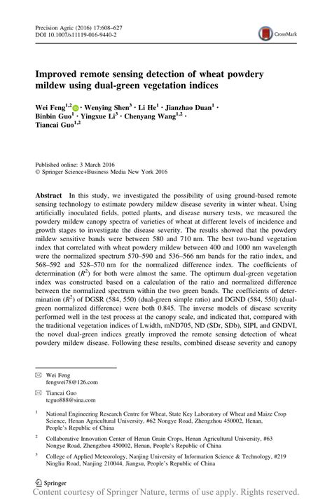 Improved Remote Sensing Detection Of Wheat Powdery Mildew Using Dual Green Vegetation Indices