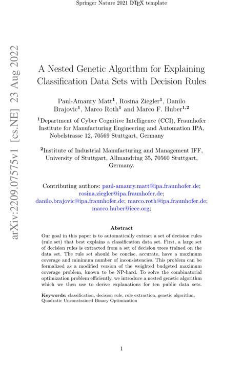 pdf a nested genetic algorithm for explaining classification data