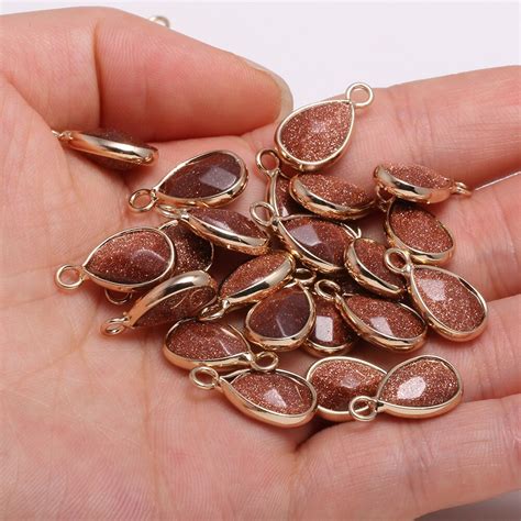 천연석면 처리된 골드 샌드 스톤 펜던트 워터 드롭 모양 쥬얼리 제작 용 매력 Diy 귀걸이 목걸이 액세서리행운