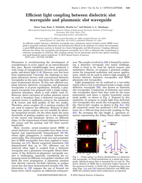 Pdf Efficient Light Coupling Between Dielectric Slot Waveguide And Plasmonic Slot Waveguide
