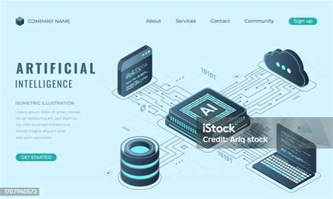 아이소메트릭 인공 지능 랜딩 페이지 개념입니다 기계 학습 기술 디지털 기술 웹사이트 랜딩 페이지 벡터 그림 딥 러닝에 대한 스톡 벡터 아트 및 기타 이미지 Istock