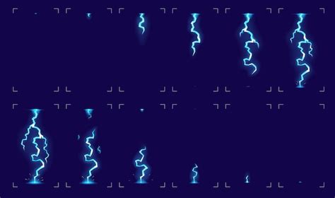 게임용 전기 천둥 벡터 효과가 있는 만화 번개 스프라이트 애니메이션 벼락 스프라이트 시트 Fx 애니메이션 프레임 스프라이트 시트에서 빛 에너지 또는 벼락 플래시의 번개
