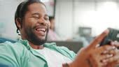 Laugh Happy And Mobile Text Of A Black Man Typing On Social Media