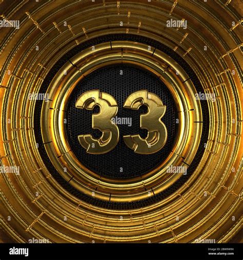 Gold Number 33 Number Thirty Three With Perforated Black Metal Background And Gold Rings