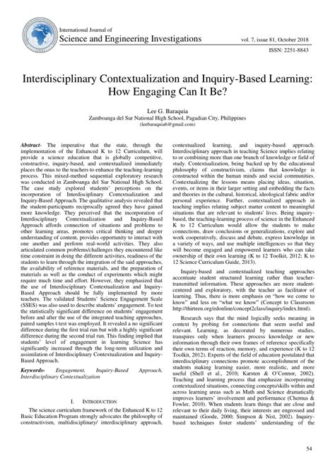 Pdf Interdisciplinary Contextualization And Inquiry Based Learning