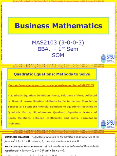 Quadratic Equations Methods To Solve Bba I Sem 2022 Batch Pdf Quadratic Equation Numerical