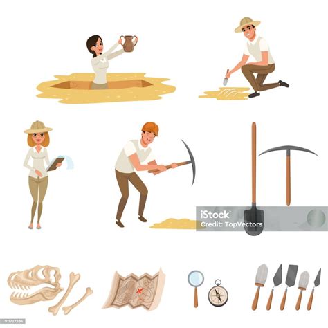 만화 플랫 아이콘 고 고 학적 발굴 공룡 골격 작업 과정에서 사람들이 고고학자 위한 도구로 설정합니다 고고학 벡터 기호 남자에 대한 스톡 벡터 아트 및 기타 이미지 Istock