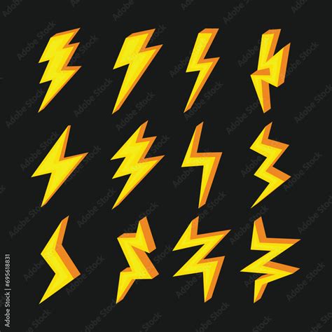 Lightning Bolt Set Collection On Black Background Electric Strikes