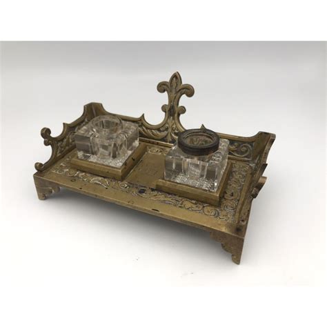 Ancien Encrier Support Double Forme Rectangulaire Sur Pieds En Bronze