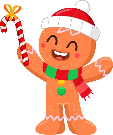 Cute Christmas Gingerbread Man Cartoon Character Holding Up A Candy