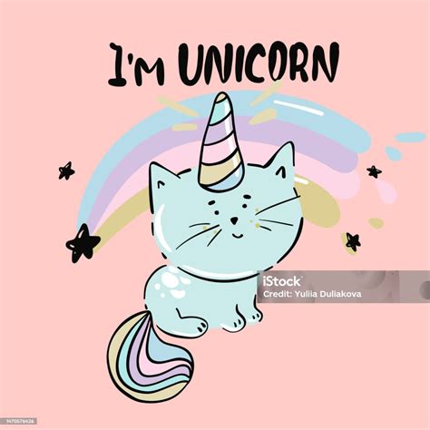 캣콘 사랑스러운 만화 고양이 유니콘 얼굴과 흰색 배경에 글자 텍스트 의류 인쇄와 소녀를 위한 어린이 티셔츠를 위한 귀여운 벡터 0명에 대한 스톡 벡터 아트 및 기타 이미지