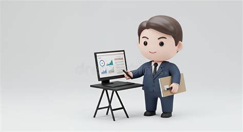 Chibi Korean Male Supply Chain Manager 3d Render Data Analysis Presentation Stock Illustration