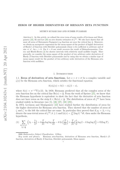 Pdf Zeros Of Higher Derivatives Of Riemann Zeta Function