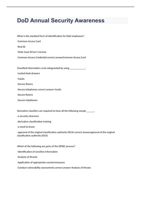 Dod Annual Security Awareness Exam 2023 With 100 Correct Answers Dod Annual Security