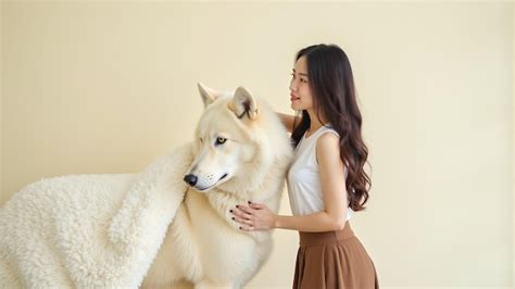 An Asian Girl Hugs A Huge White Wolf Premium Ai Generated Image