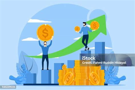 성공 개념 투자의 성공 그래프에 동전을 들고 있는 성공적인 사업가 성공으로 가는 길 긍정적인 사고와 성공적인 성취 파란색 배경에 평면 벡터 그림 메달 수상대에 대한 스톡