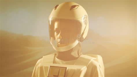 A Woman Astronaut In A Spacesuit Explores Another Planet Young Female Cosmonaut In Space Suit
