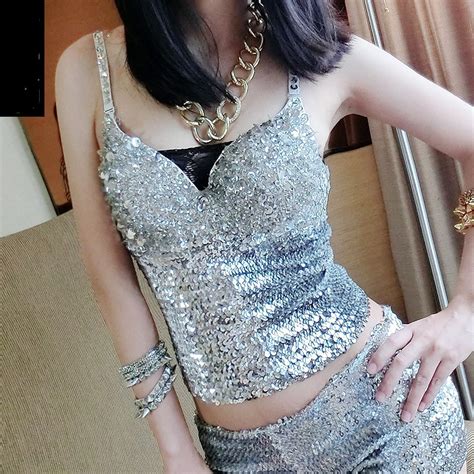 Sequined Tank Tops Sexy Halter Crop Top Bling Dancer Costume In Pub