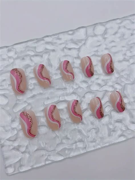 24pcs 귀여운 가짜 손톱 화이트 핑크 반짝이 디자인으로 손톱에 누드 프레스 손톱에 광택 접착제 Temu