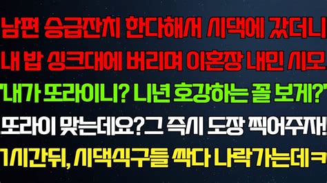 반전 신청사연 남편 승급잔치 한다해서 시댁에 갔더니 이혼하란 시모 즉시 이혼해주자 시댁식구들 모두 나락가는데라디오드라마