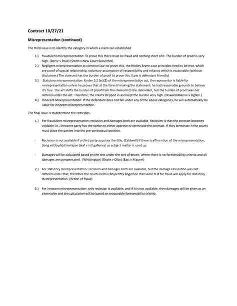 Contract Law Lecture 7 Misrepresentation 2 Contract 10 27 Misrepresentation Continued The
