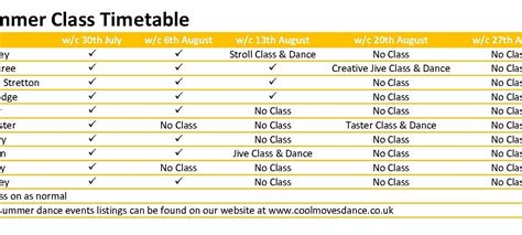 Summer Jive Class Timetable