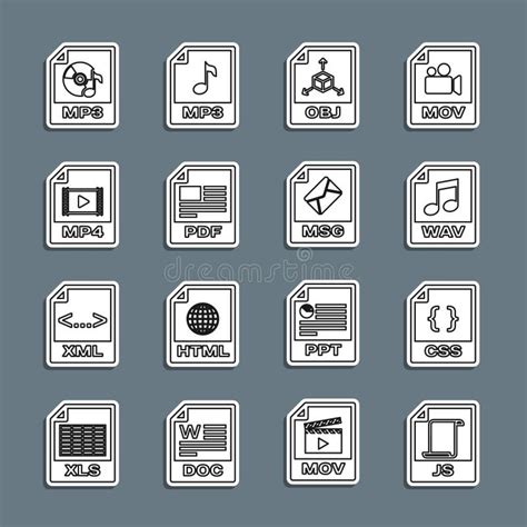 Set Line JS File Document CSS WAV OBJ PDF MP MP And MSG Icon Vector Stock Illustration