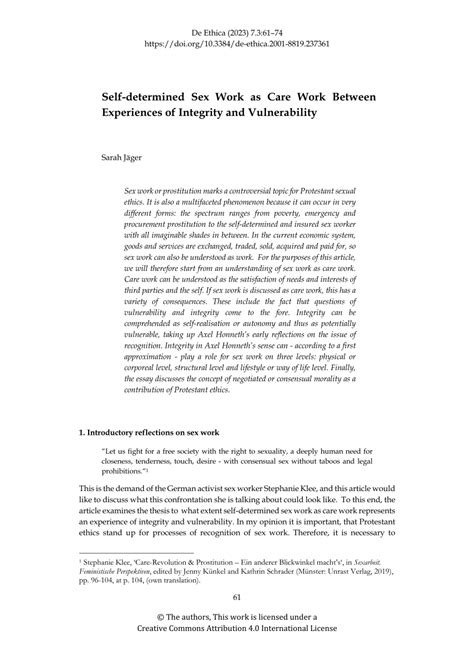 Pdf Self Determined Sex Work As Care Work Between Experiences Of Integrity And Vulnerability