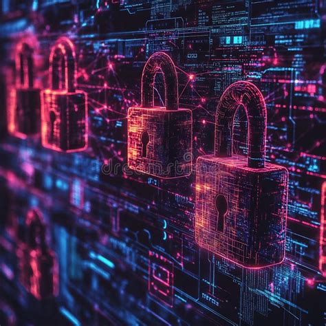 Surreal Padlocks Glitching Against Vintage Digital Interface Stock