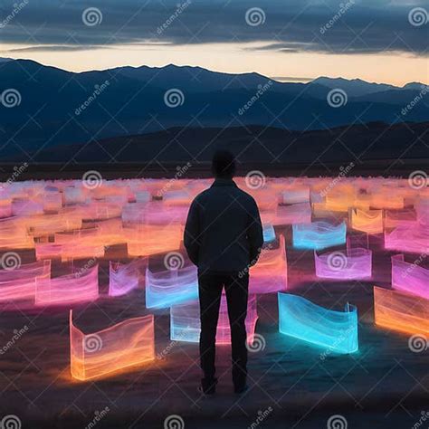 Image Of Someone Stands By An Empty Field Abstract Neon Structures In