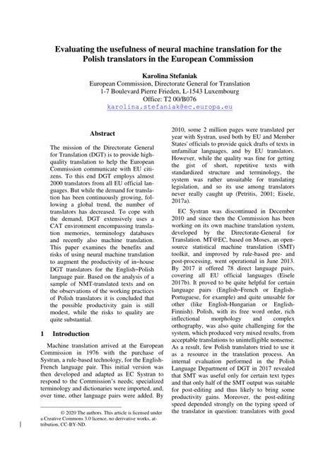 Pdf Evaluating The Usefulness Of Neural Machine Translation For The Polish Translators In The