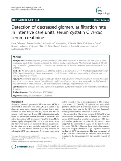 Pdf Detection Of Decreased Glomerular Filtration Rate In Intensive Care Units Serum Cystatin
